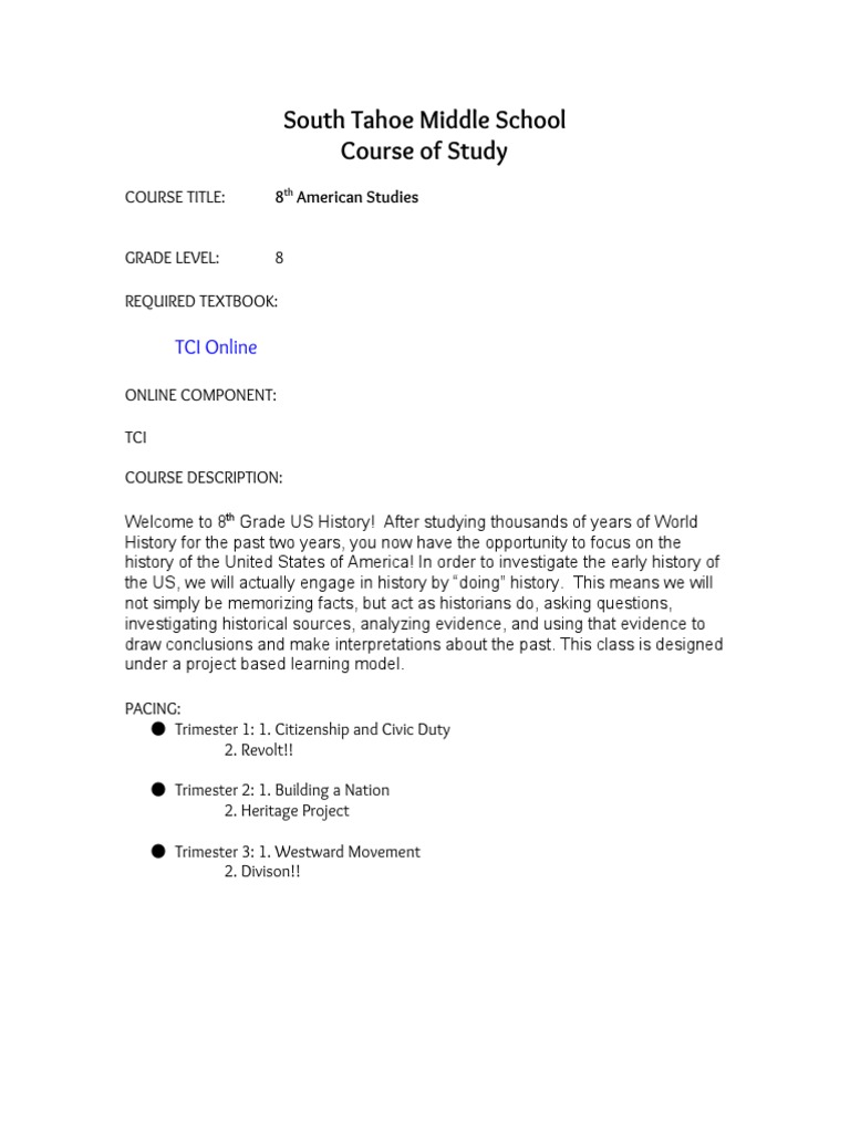 8th Grade American Studies Course Guide | PDF | History