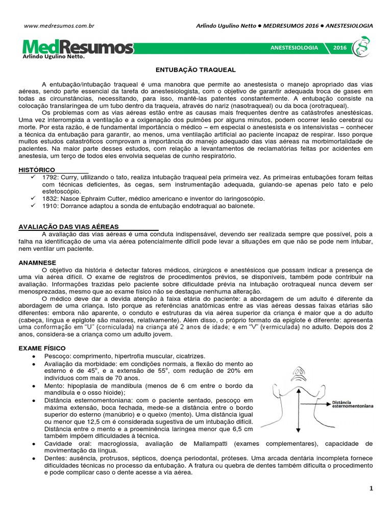 ENTUBAÇÃO TRAQUEAL: TÉCNICAS E AVALIAÇÃO DAS VIAS AÉREAS | PDF ...