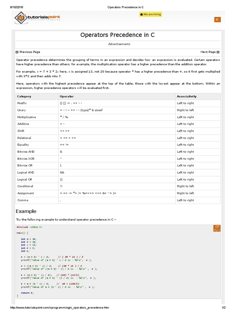 Operators Precedence in C | PDF | Teaching Methods & Materials