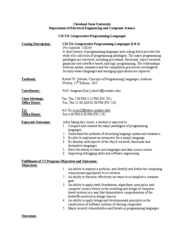 CIS 524-Syllabus FA2016 | PDF | Programming Language | Programming Paradigms