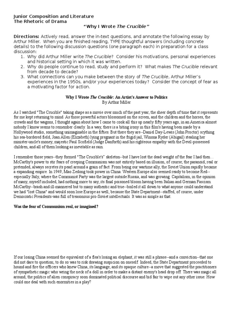 Miller's Motivations for Writing The Crucible | PDF | Witchcraft ...