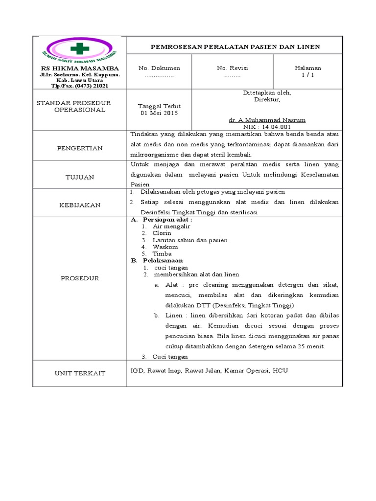 Sop Pemprosesan Peralatan Pasien Dan Linen | PDF | Sains & Matematika