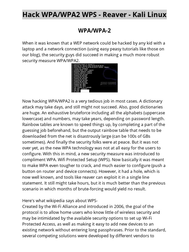 Hack WPA/WPA2 WPS - Reaver - Kali Linux | PDF
