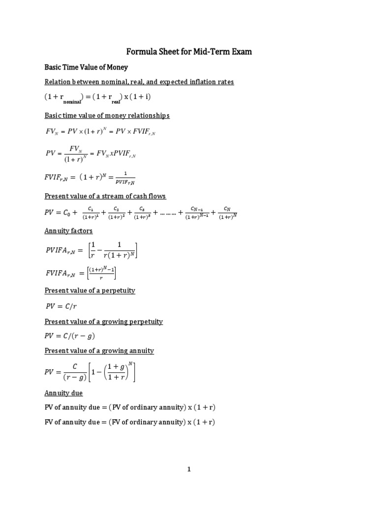 Formula Sheet For Mid-Term Exam | PDF