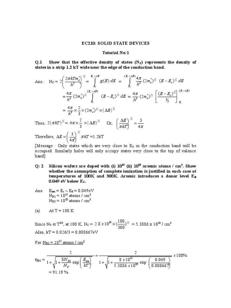 Soln Tut1 Ee5313 2016 | PDF | Doping (Semiconductor) | Solid State Engineering