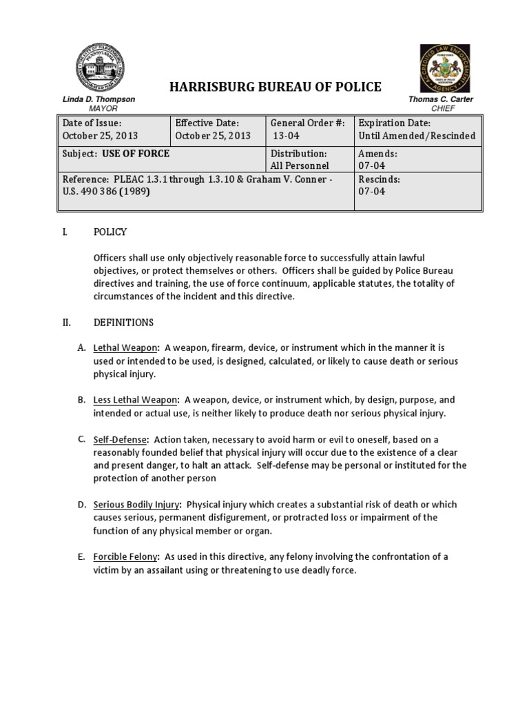 Harrisburg's Use of Force Policy | PDF | Deadly Force | Use Of Force