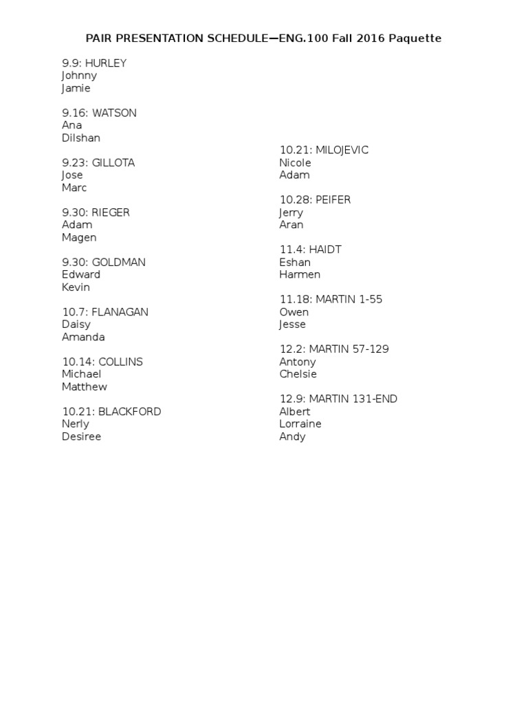ENG.100 Fall 2016 Pair Schedule | PDF