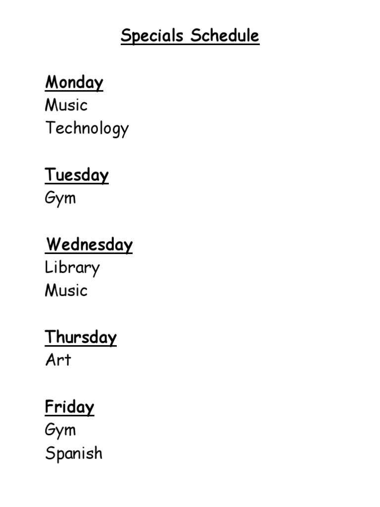 Weekly Specials Schedule Overview | PDF