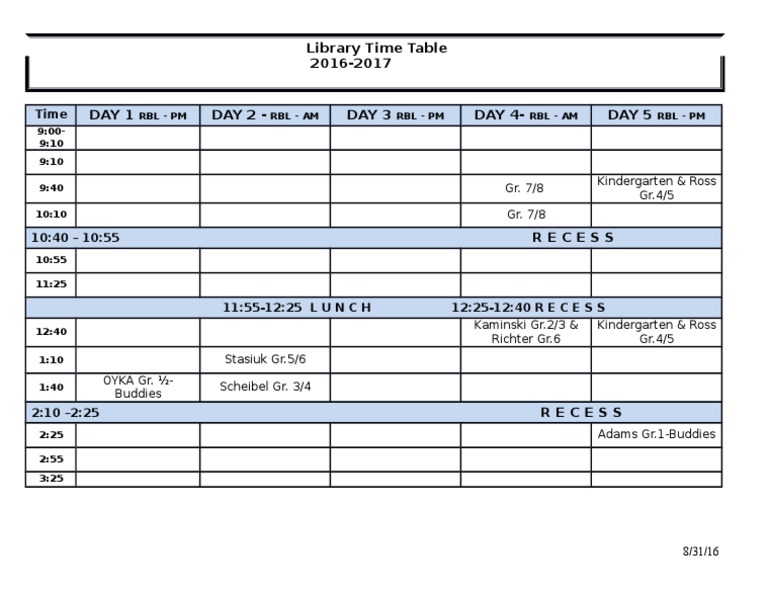 ST Gregory Library Time Table 2016 2017 | PDF