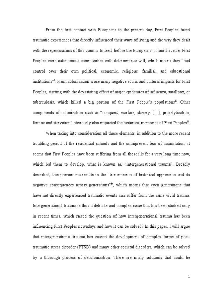 Paper on intergenerational trauma | Psychological Trauma | First Nations