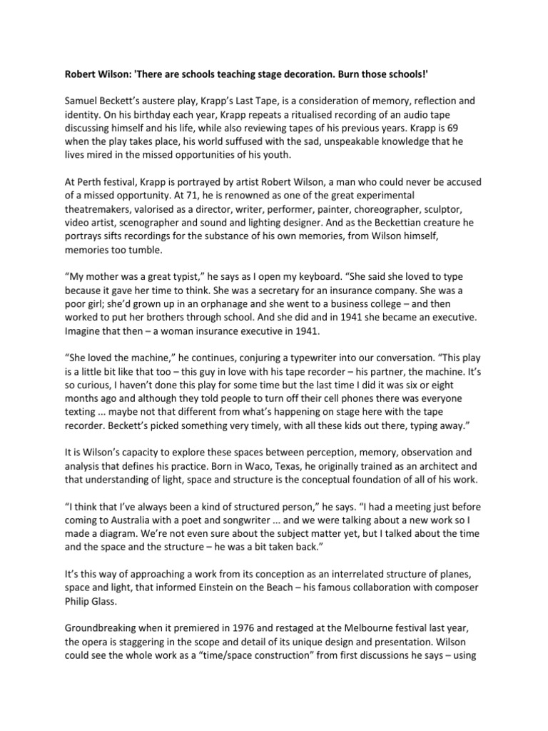 Robert Wilson - Guardian Interview | PDF | Theatre | Samuel Beckett