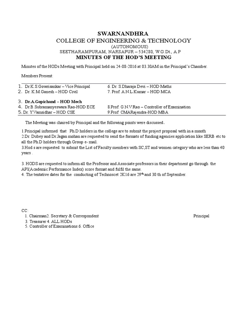 HOD Meeting Minutes 15-03-2016 | PDF