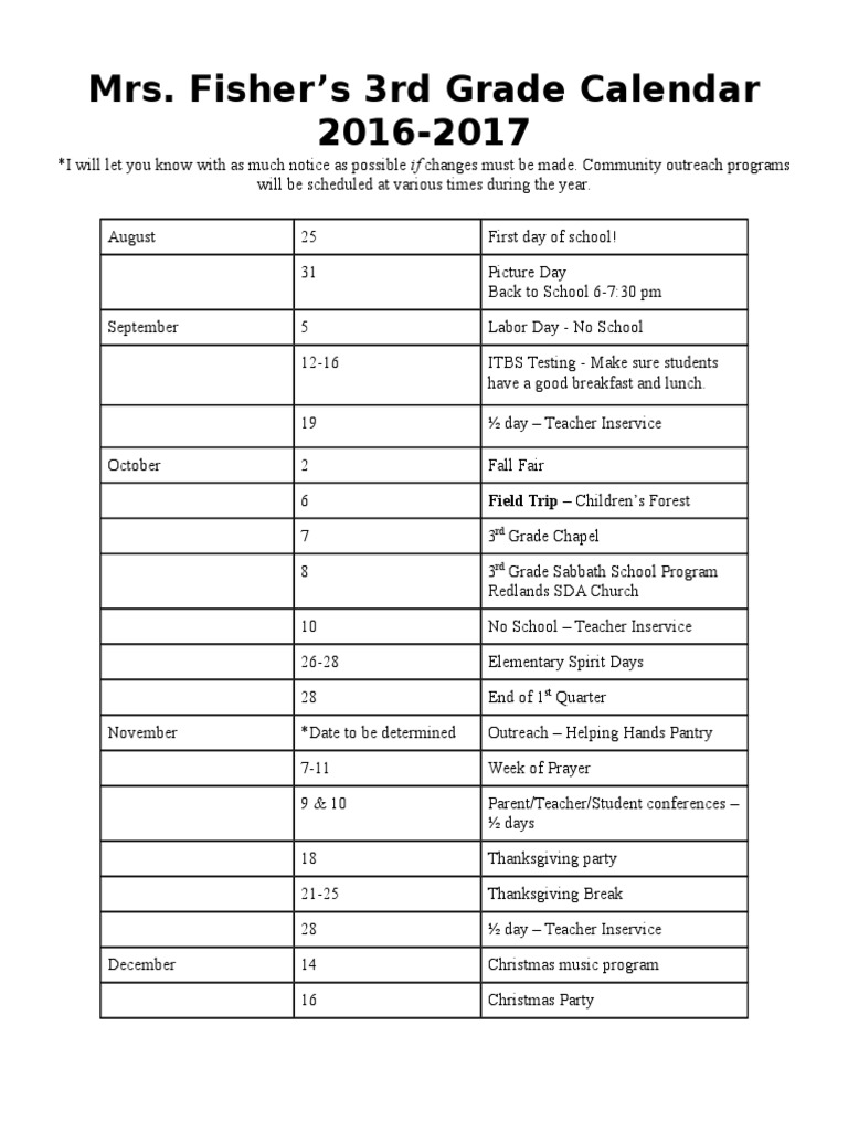 Mrs. Fisher's 3rd Grade Calendar 2016-2017: Field Trip - Children's ...