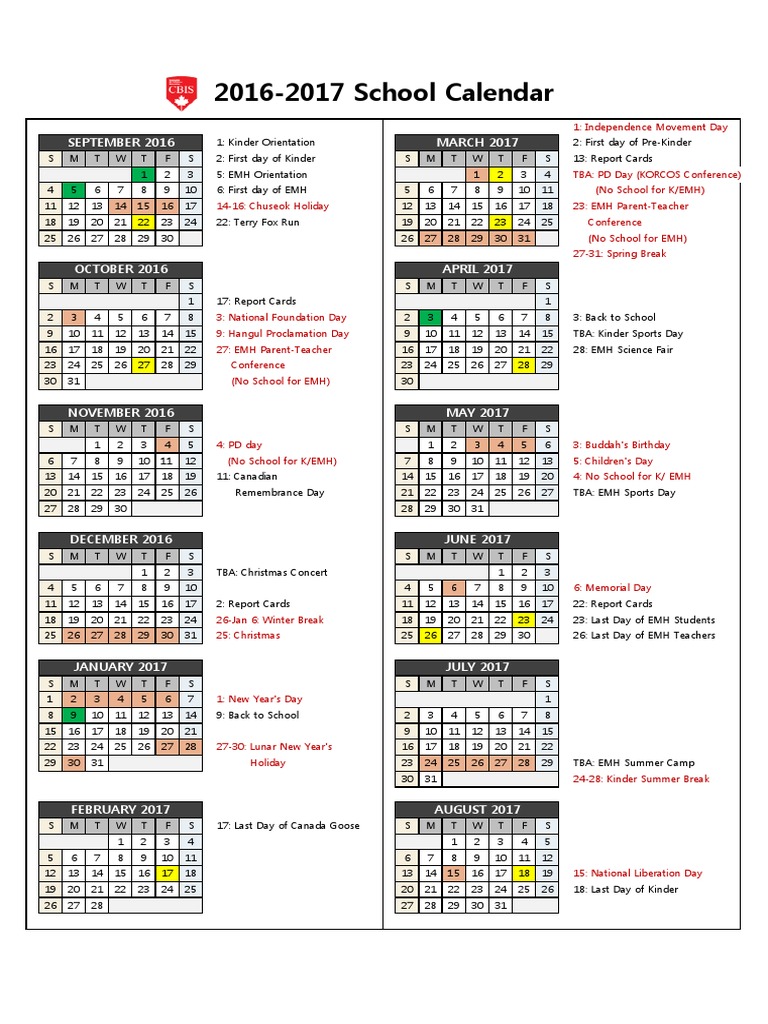 2016-2017 School Calendar Final | PDF