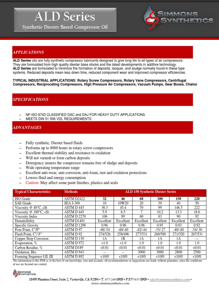 ALD Series Diester Compressor Oil PDS | PDF