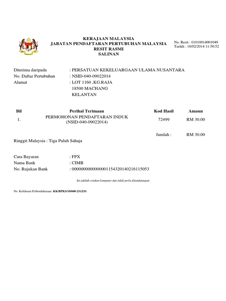 Resit Rasmi Pembayaran Online | PDF