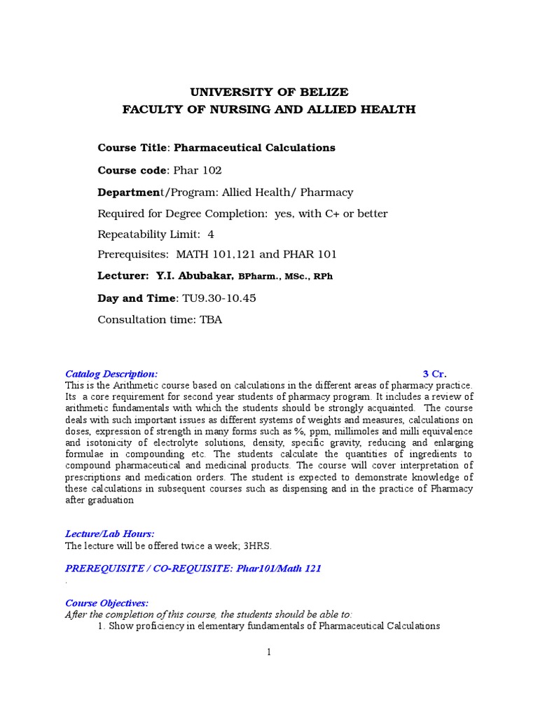 Pharmaceutical Calculations Course Overview | PDF | Pharmacy | Weight