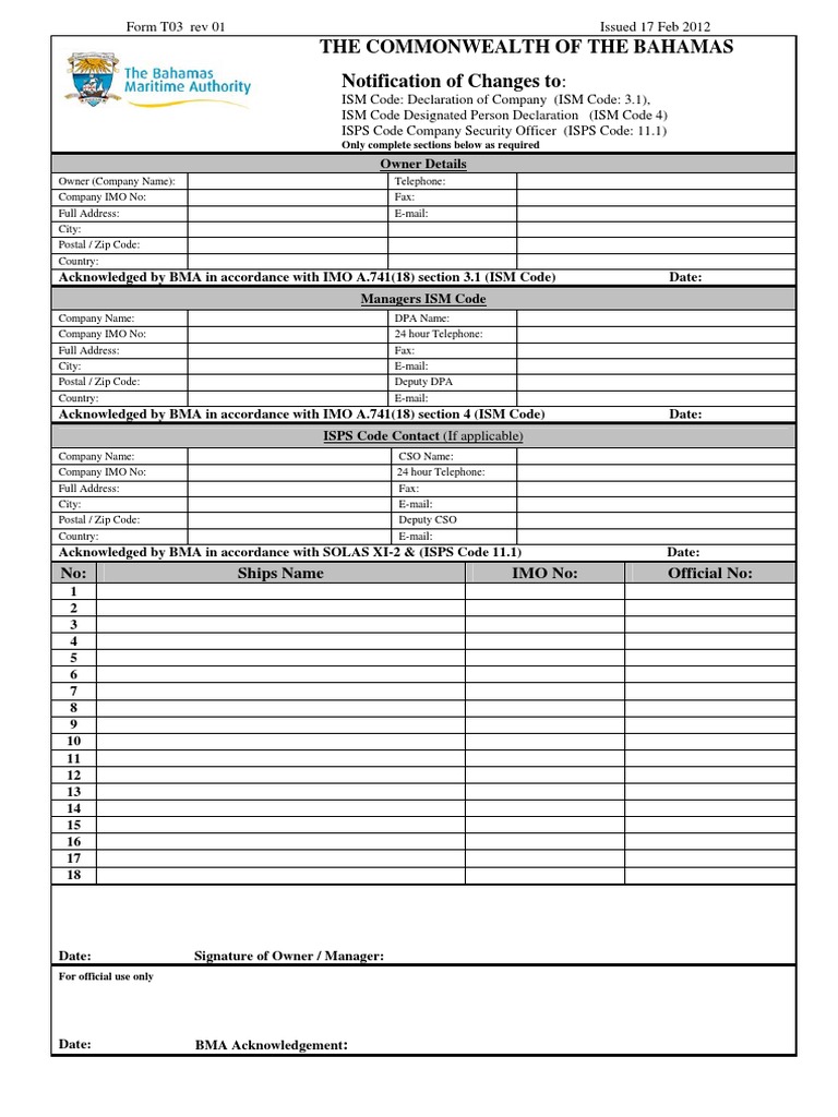 The Commonwealth of The Bahamas Notification of Changes To:: Form T03 ...