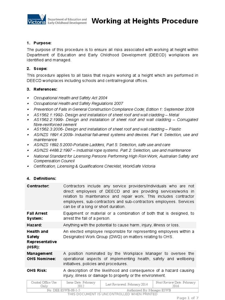 Work Height Procedure | Occupational Safety And Health | Safety