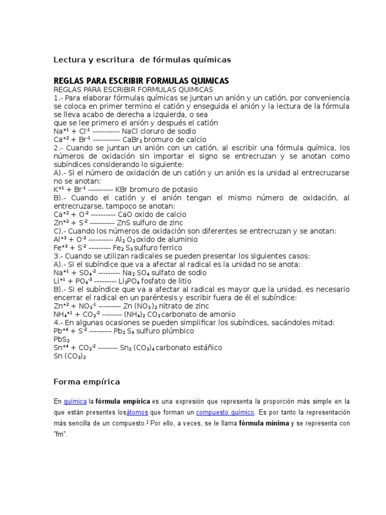 Lectura Y Escritura De Fórmulas Químicas Pdf Valencia Química Redox
