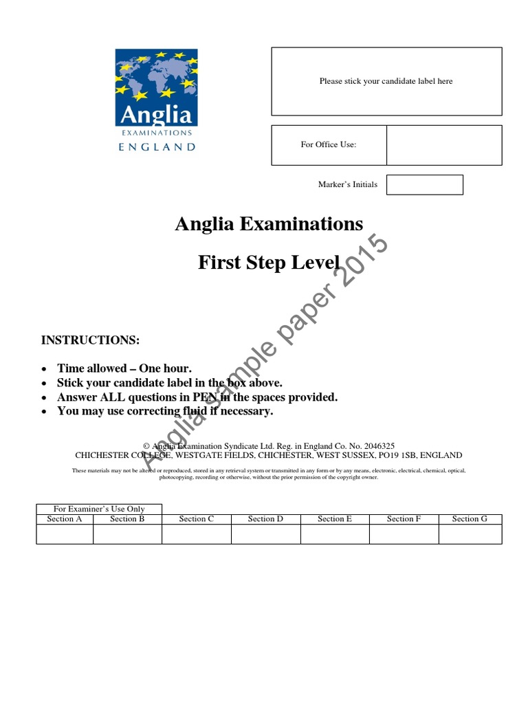 Paper 2015: Anglia Examinations First Step Level | PDF