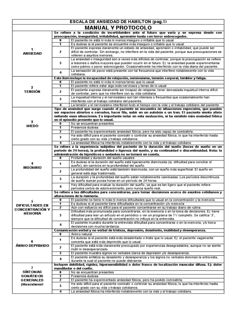 Escala de Ansiedad de Hamilton Protocolo y Manual | Ansiedad | Dormir