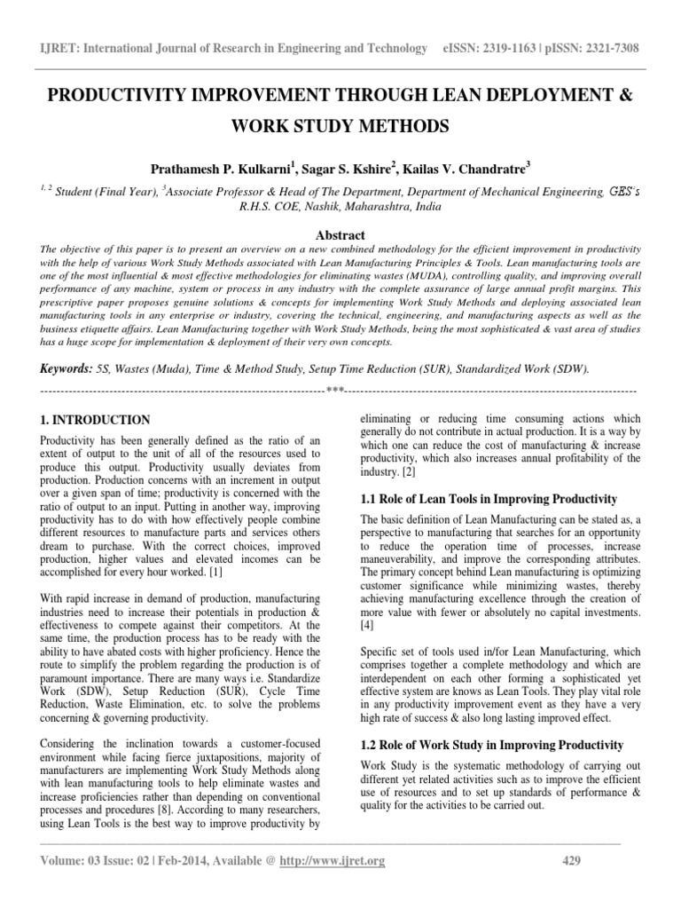 Productivity Improvement Through Lean Deployment & Work Study Methods | PDF | Lean Manufacturing ...