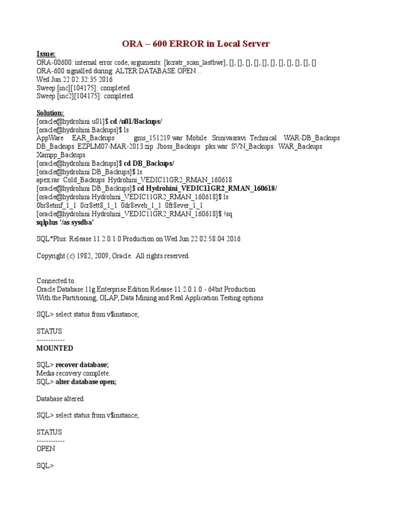 ORA-600 Error Recovery | PDF