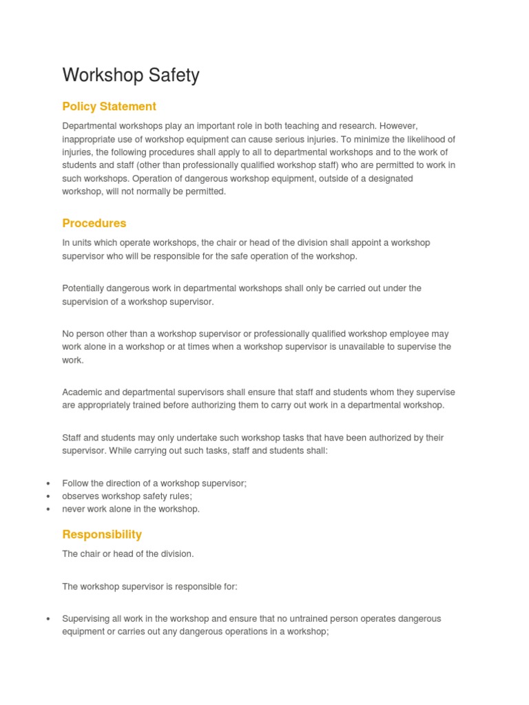 Workshop Safety Policy | PDF | Personal Protective Equipment | Safety