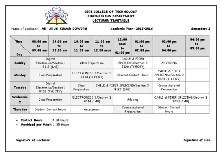 1c Lecturer Time Table - Sample ARUN | PDF