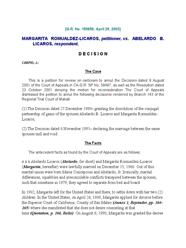 Romualdez-Licaros V Licaros | PDF | Service Of Process | Annulment