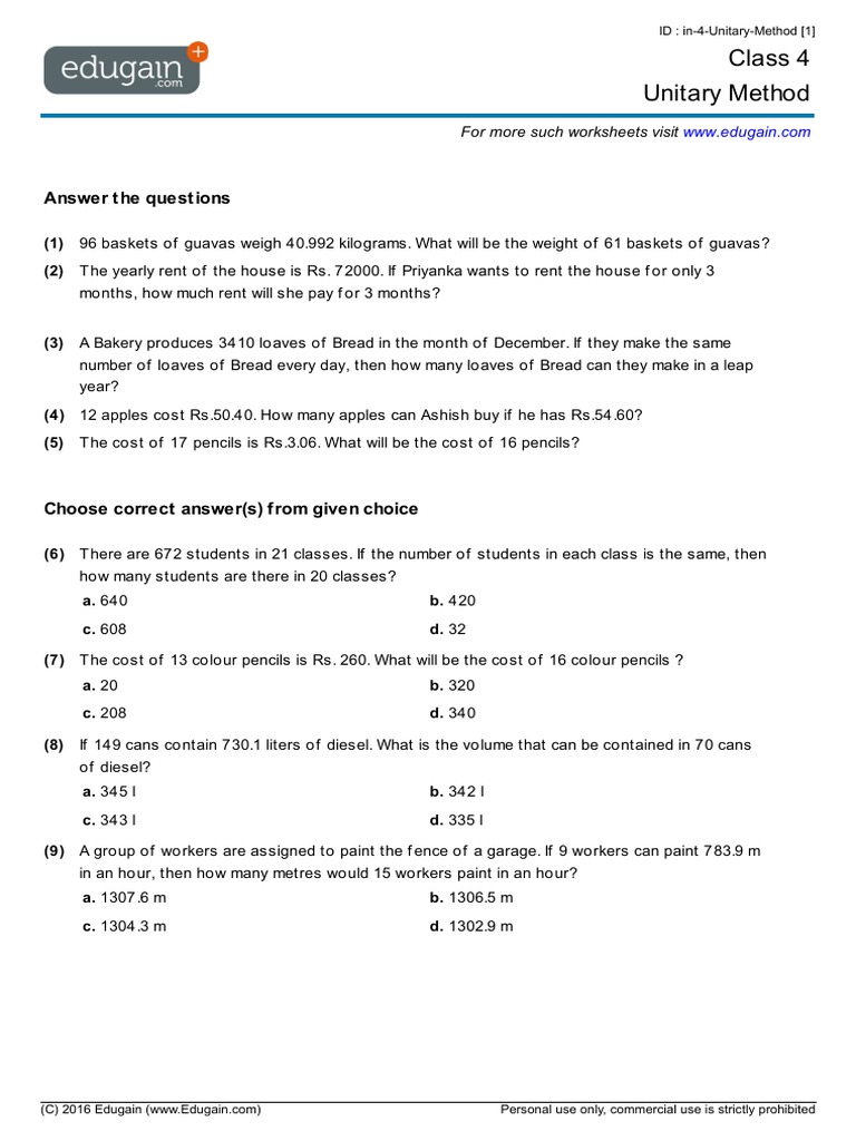 Grade 4 Unitary Method in | PDF | Nature