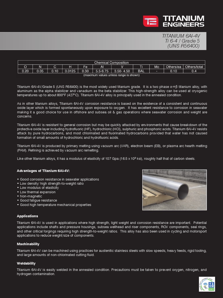 Titanium 6Al-4V Ti 6-4 / Grade 5 (UNS R56400) | PDF | Titanium ...