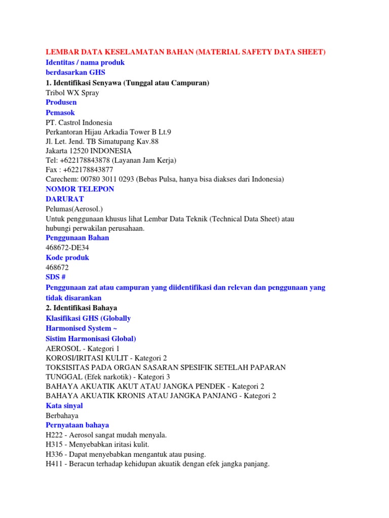 Lembar Data Keselamatan Bahan (Material Safety Data Sheet) | PDF