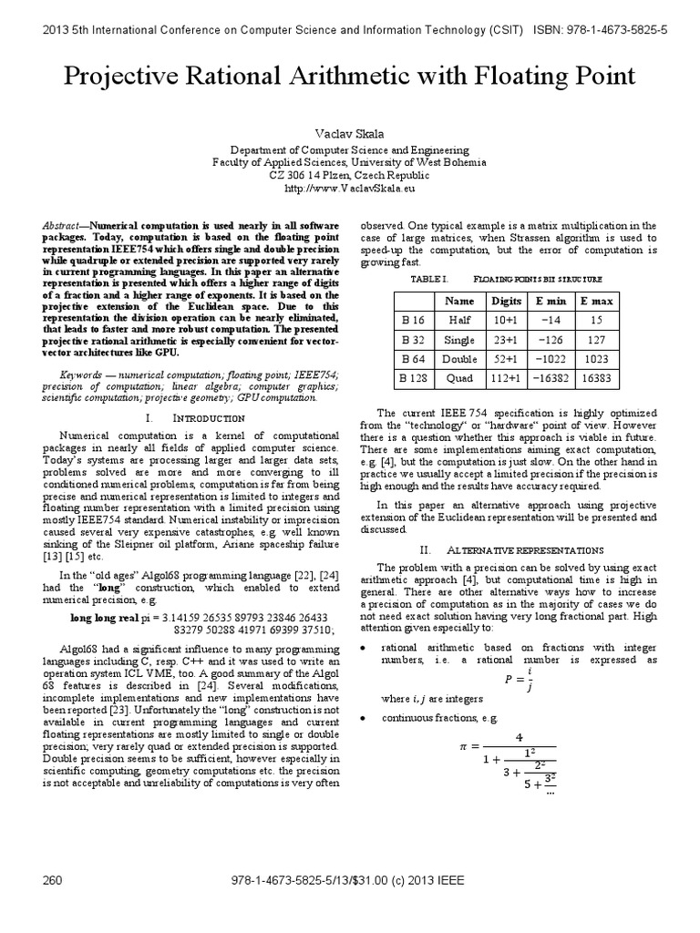 Projective Rational Arithmetic With Floating Point: Vaclav Skala | PDF ...