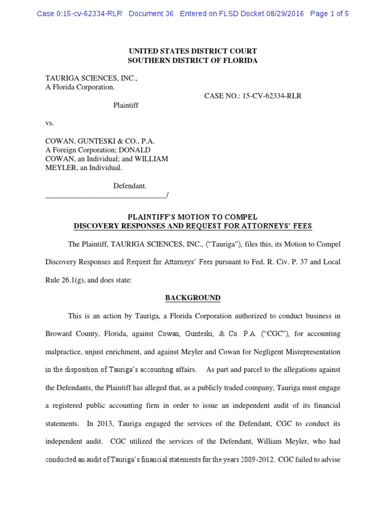Plaintiff's Motion To Compel Discovery Responses and Request For ...