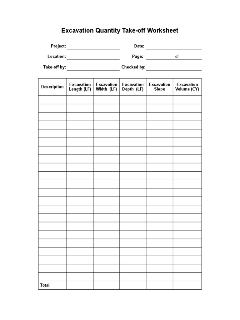 Excavation Quantity Take-Off Worksheet | PDF