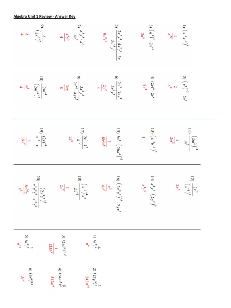 Algebra Unit 1 Review - Answer Key | PDF
