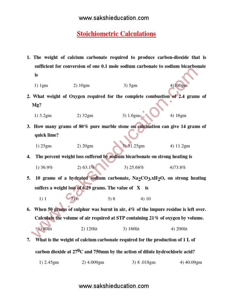 Stoichiometric Calculations: Solutions to Problems on Quantitative ...