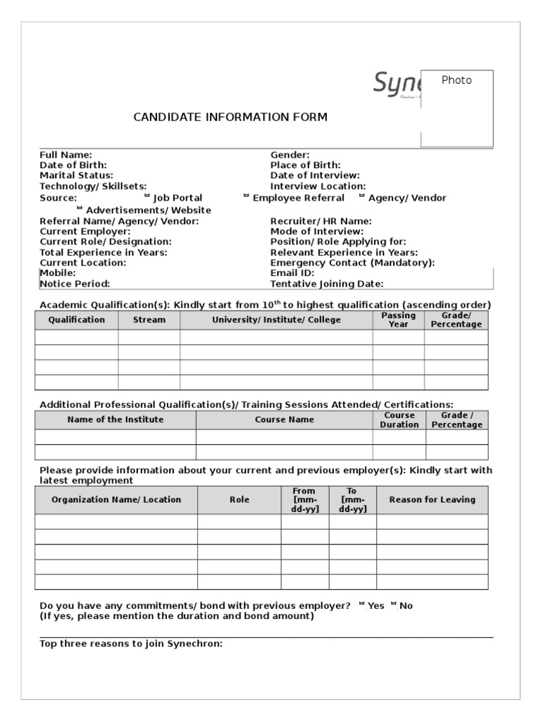 Photo: Candidate Information Form | PDF