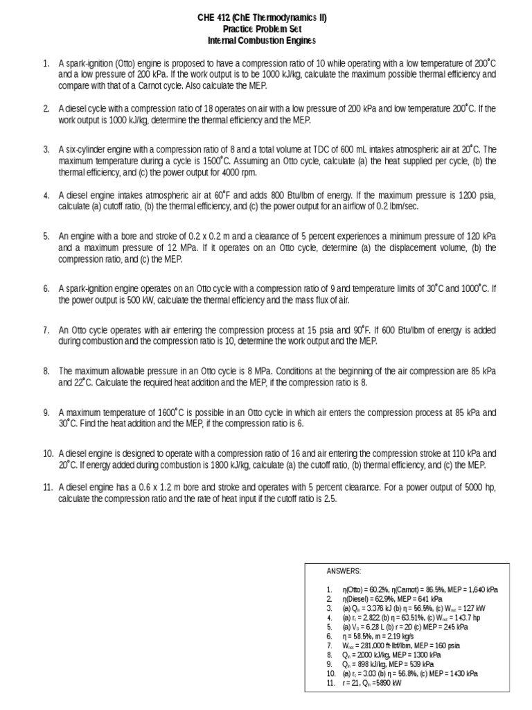 CHE 412 - Practice Problems | PDF | Internal Combustion Engine | Diesel Engine