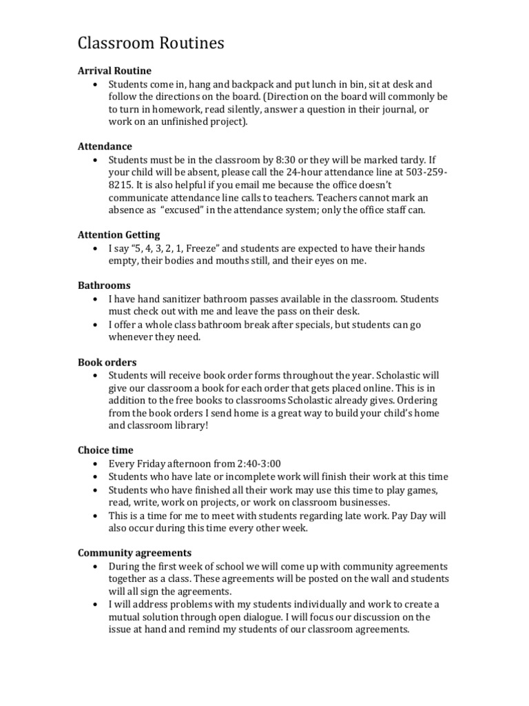 Classroom Routines: Arrival Routine | PDF | Classroom | Homework