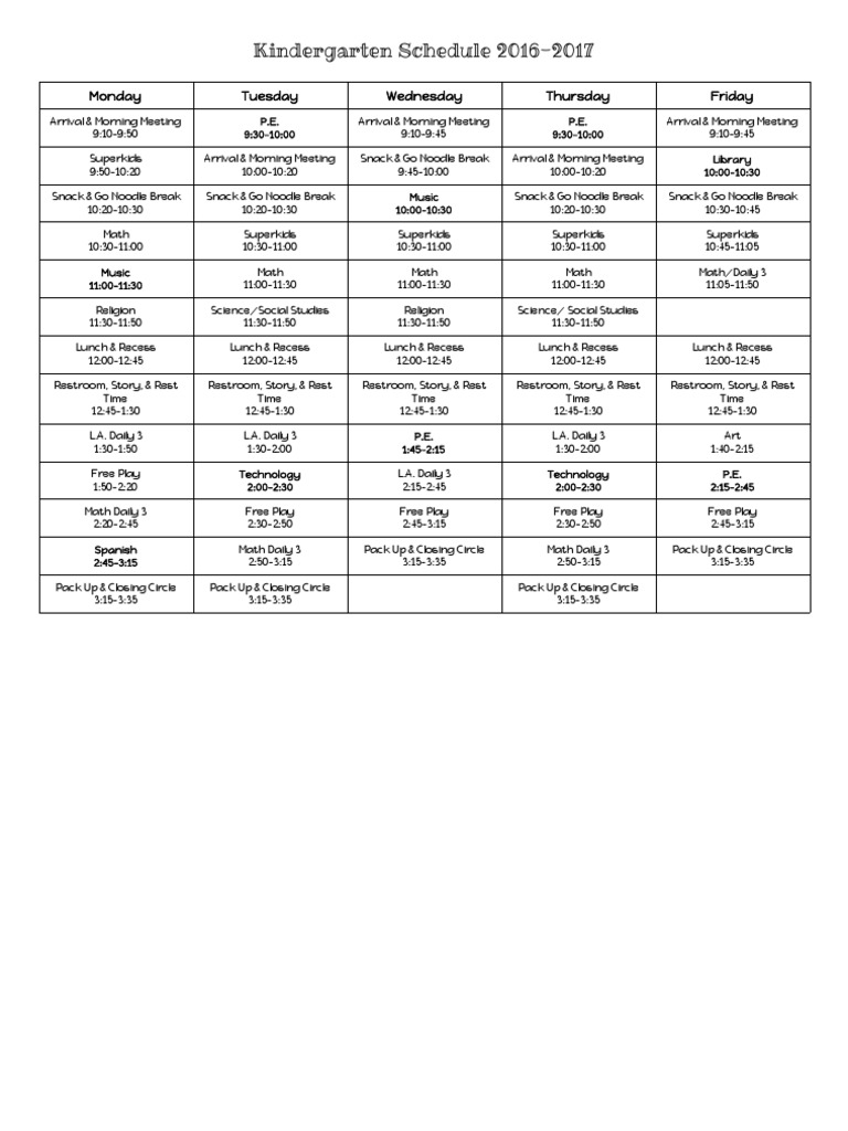 Kindergarten Schedule 2016-2017 | PDF | Art
