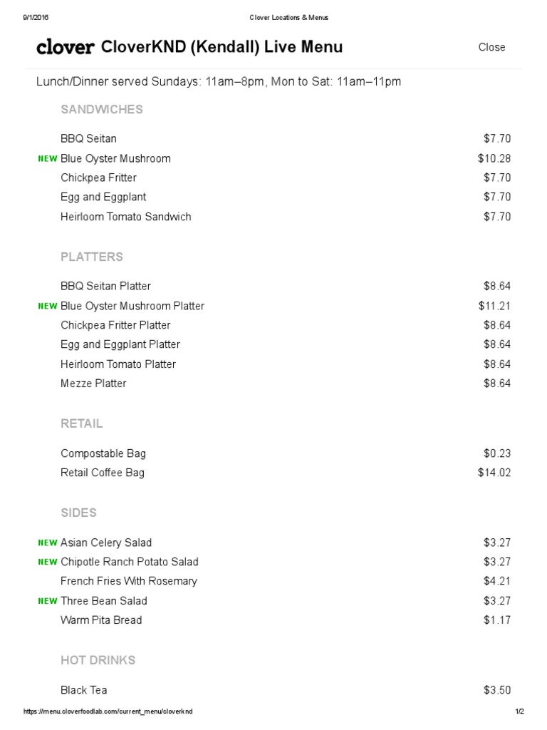 Clover Locations & Menus | PDF