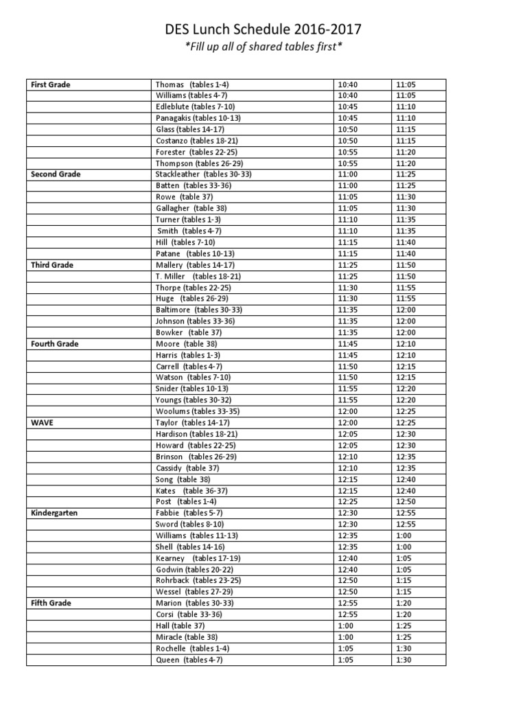 DES Lunch Schedule 2016-2017 | PDF