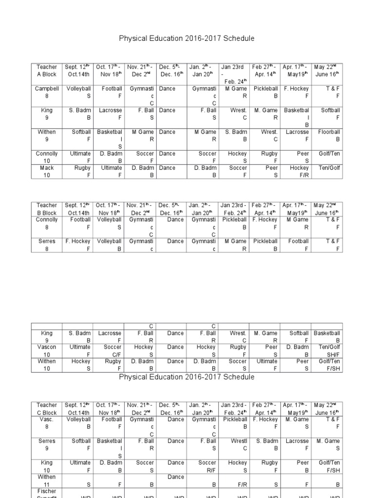 PE Schedule 2016-2017 | PDF | Olympic Sports | Physical Exercise