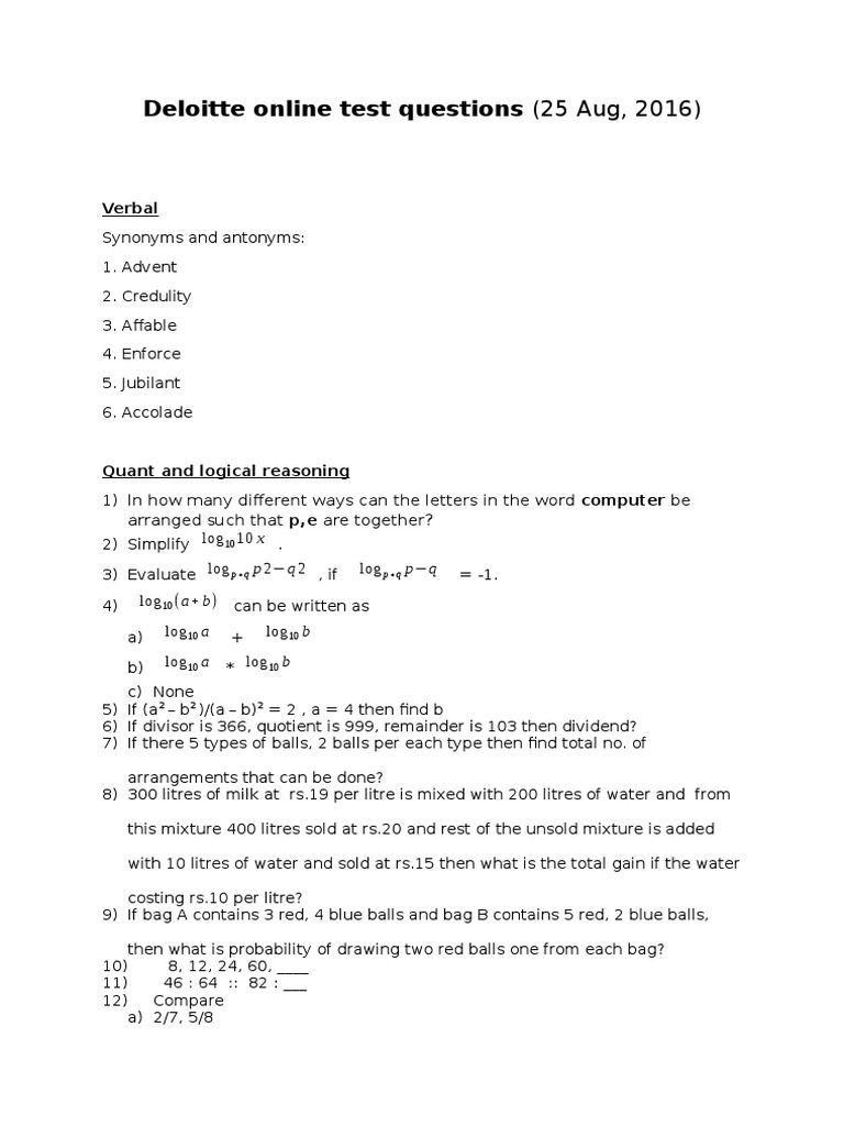 Deloitte Online Test Questions | PDF
