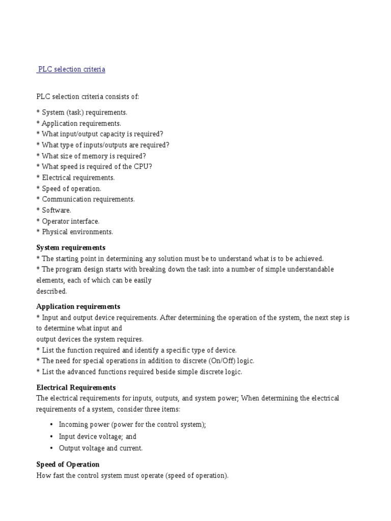 PLC Selection Criteria | PDF | Programmable Logic Controller | Input/Output