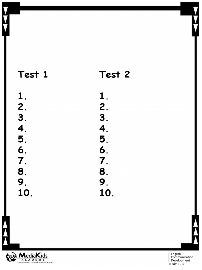 Test 1 1. 2. 3. 4. 5. 6. 7. 8. 9. 10. Test 2 1. 2. 3. 4. 5. 6. 7. 8. 9 ...
