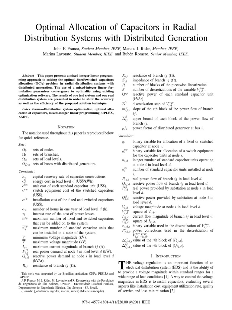 Optimal Allocation of Capacitors in Radial Distribution Systems With Distributed Generation ...
